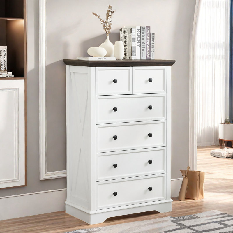 Winston Porter Farmhouse Chest With 6 Drawers Wood Grain Tabletop And Black Metal Handles Wayfair